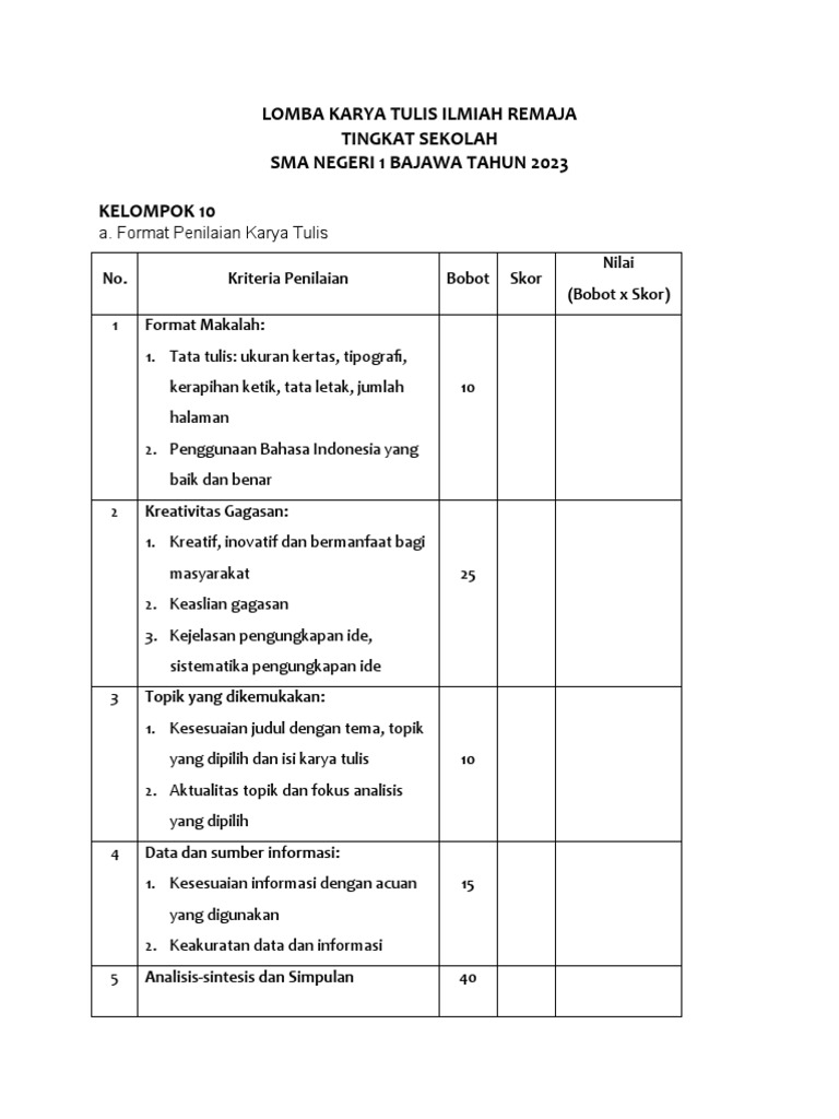 Format Penilaian LKTI SMA Negeri 1 Bajawa 2023 | PDF