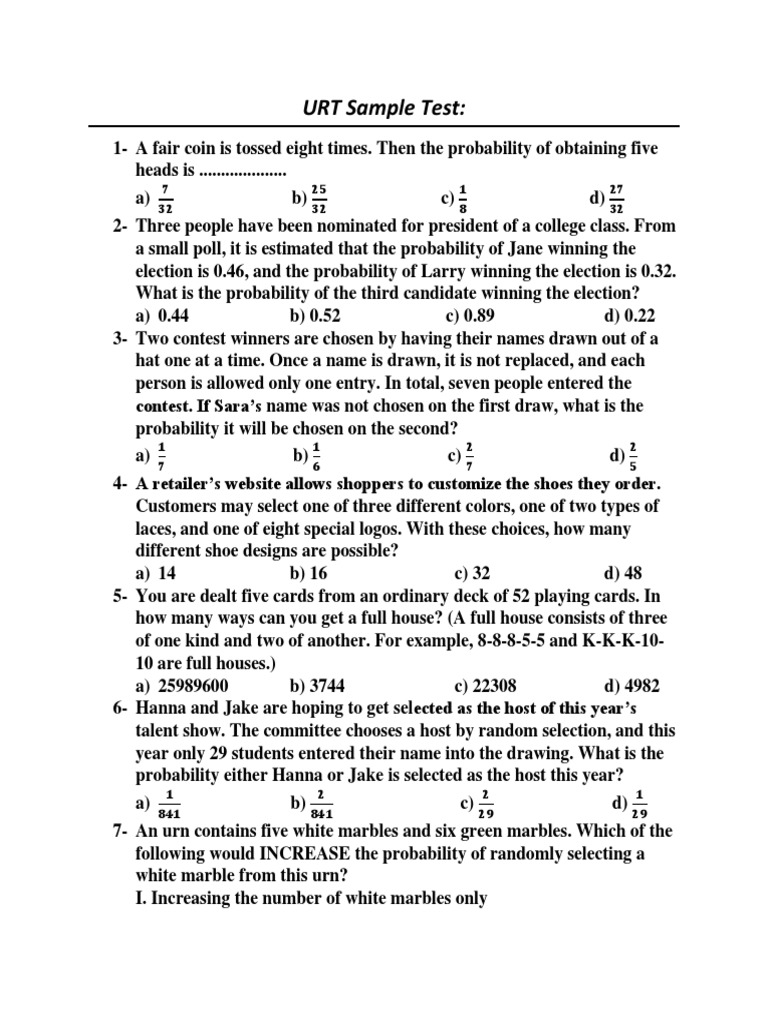 URT Sample Test | PDF | Mathematical Concepts | Elementary Mathematics