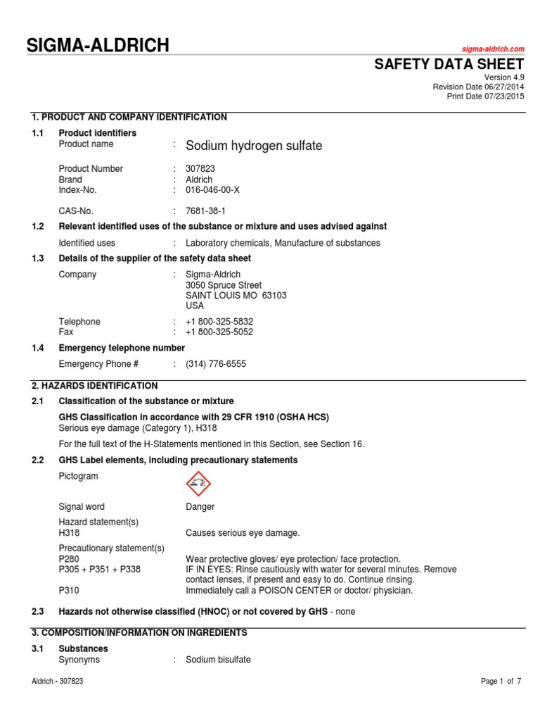Sodium Hydrogen Sulfate - MSDS - 307823 | PDF | Firefighting ...