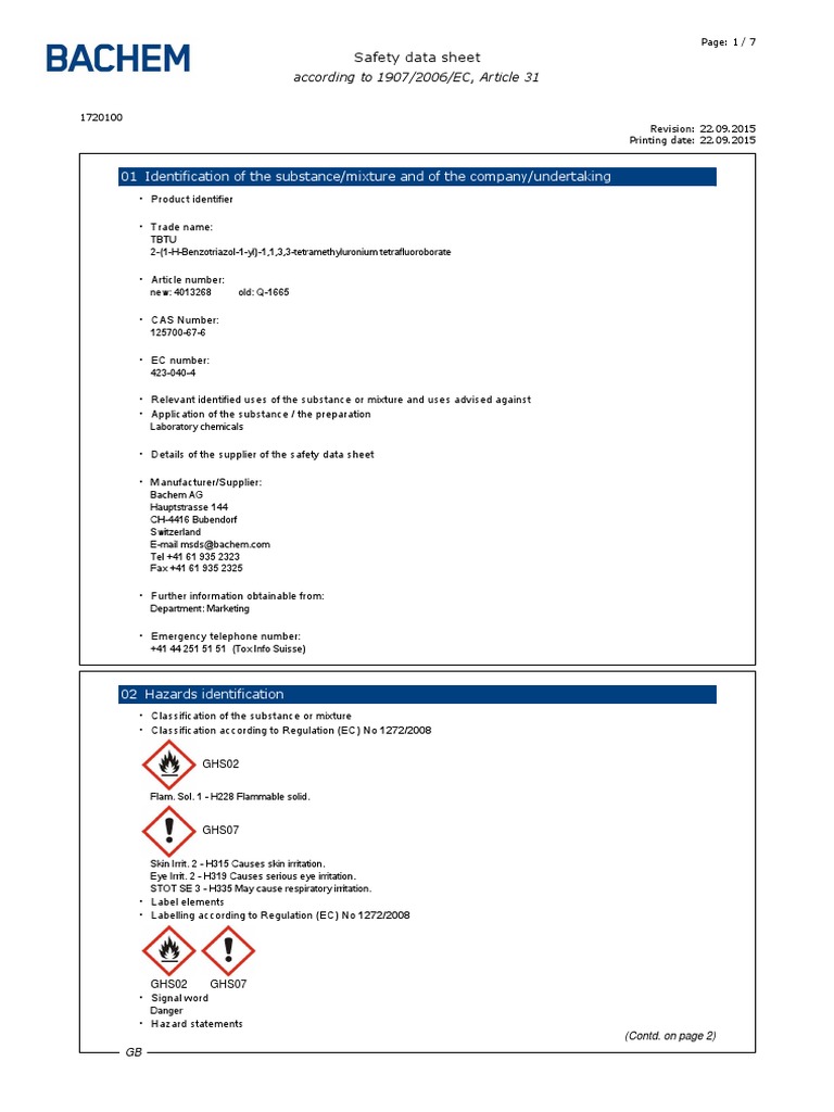TBTU Msds (Bachem) PDF | PDF | Dangerous Goods | Personal Protective Equipment