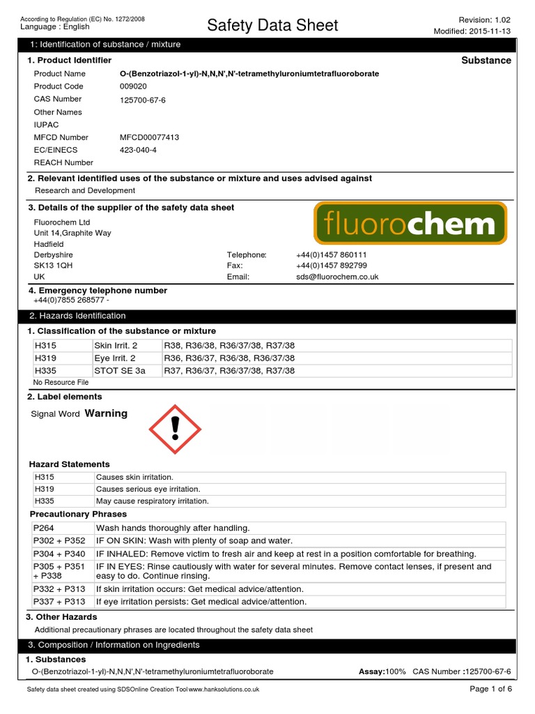 TBTU Msds (Fluorochem) PDF | PDF | Dangerous Goods | Toxicity