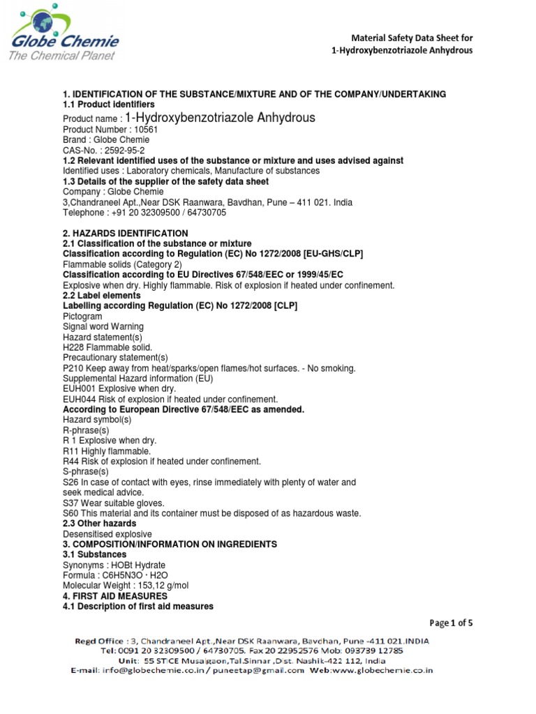 HOBT-H2O Msds (Globe Chemie) PDF | PDF | Toxicity | Firefighting