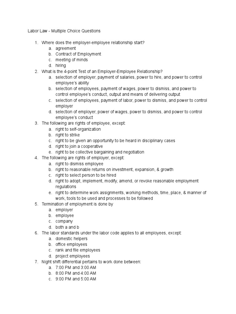 Labor Law MCQs and Answers Guide | PDF | Employment | Overtime