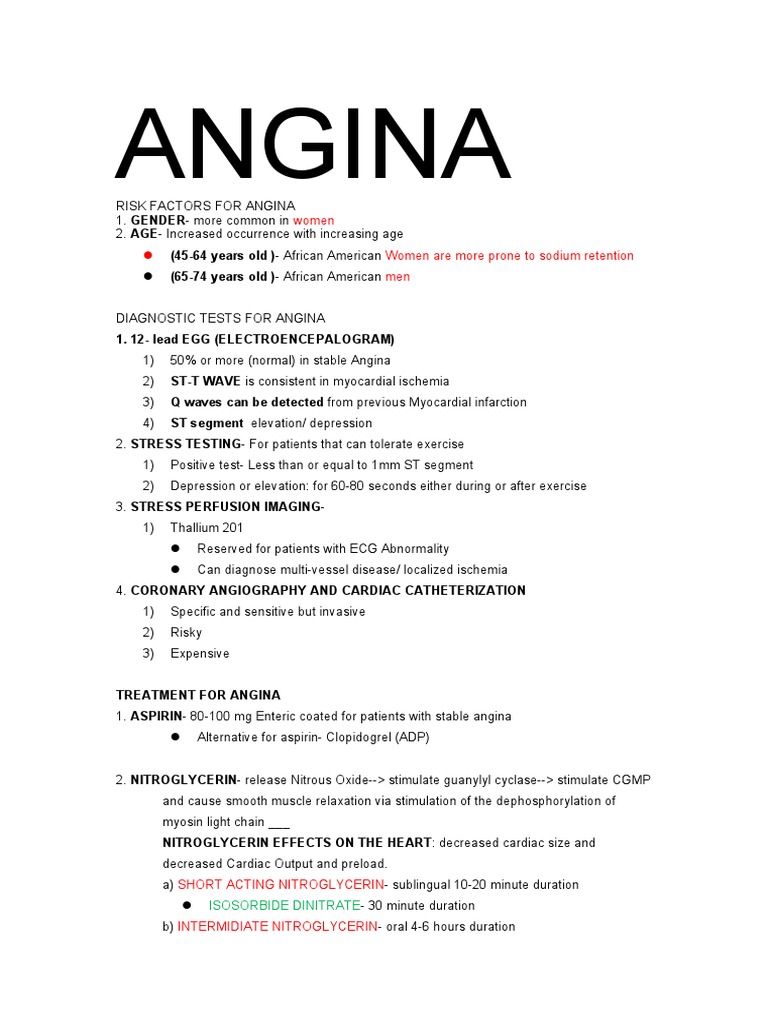 Risk Factors and Diagnostic Tests for Angina | PDF | Ischemia ...