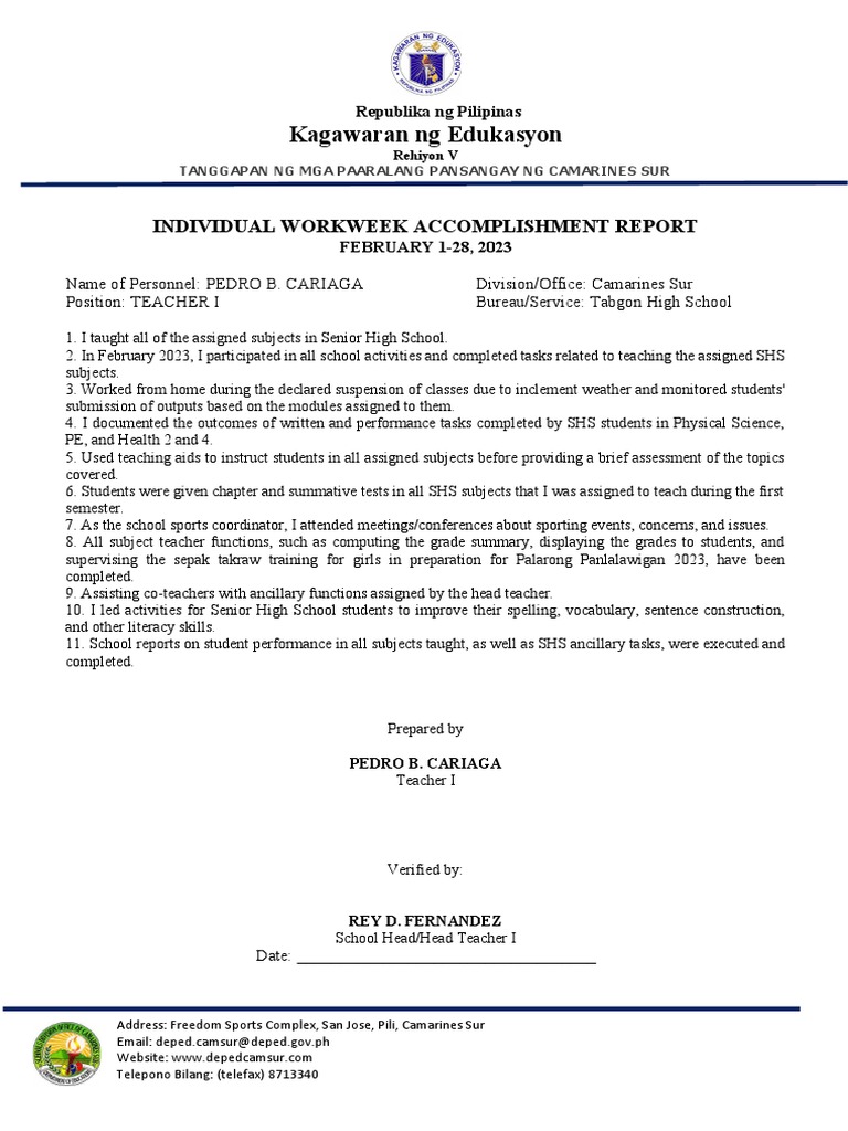 Cristina S Individual Workweek Accomplishment Report For The Month Of