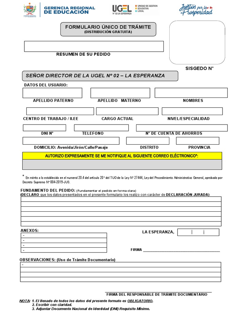 Formulario Único de Trámite UGEL | PDF