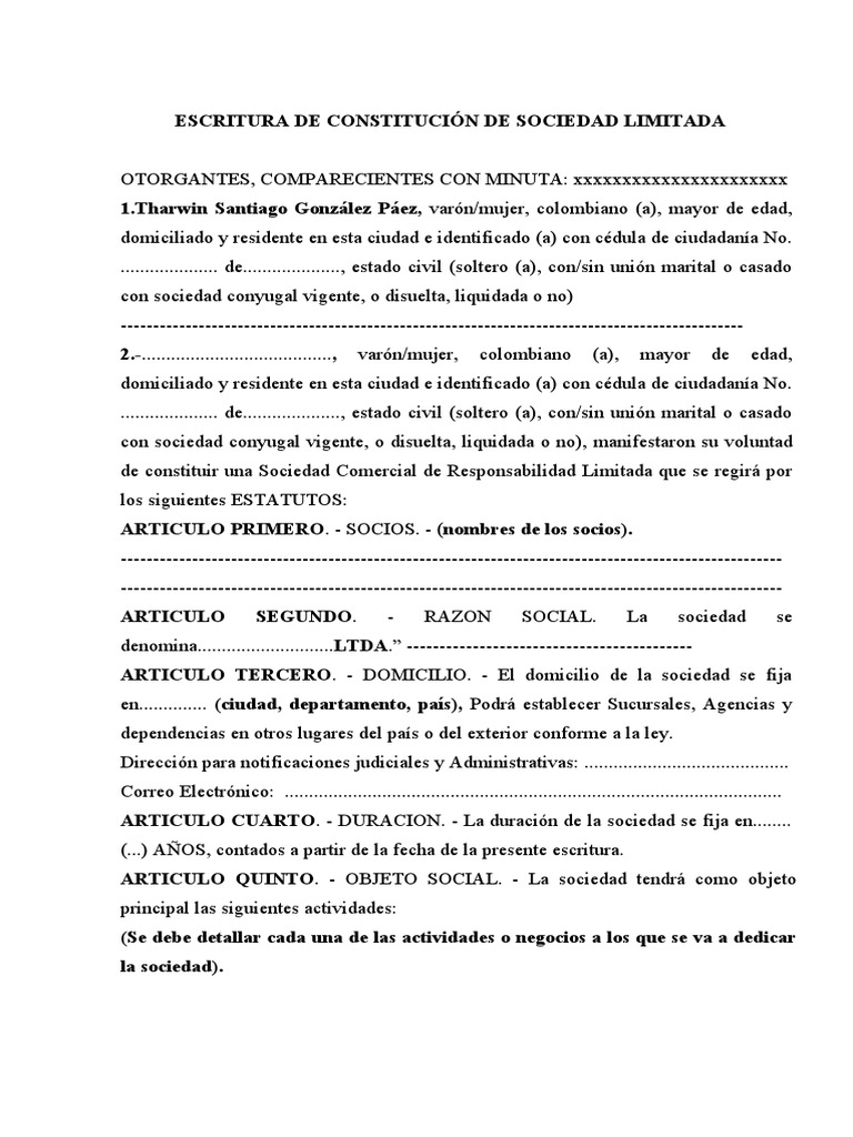 Ejemplo Escritura de Constitución de Sociedad de Responsabilidad Limitada | PDF | Sociedad de ...