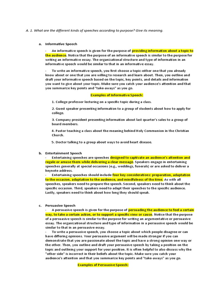Purposive Communication The Different Kinds of Speeches According To ...