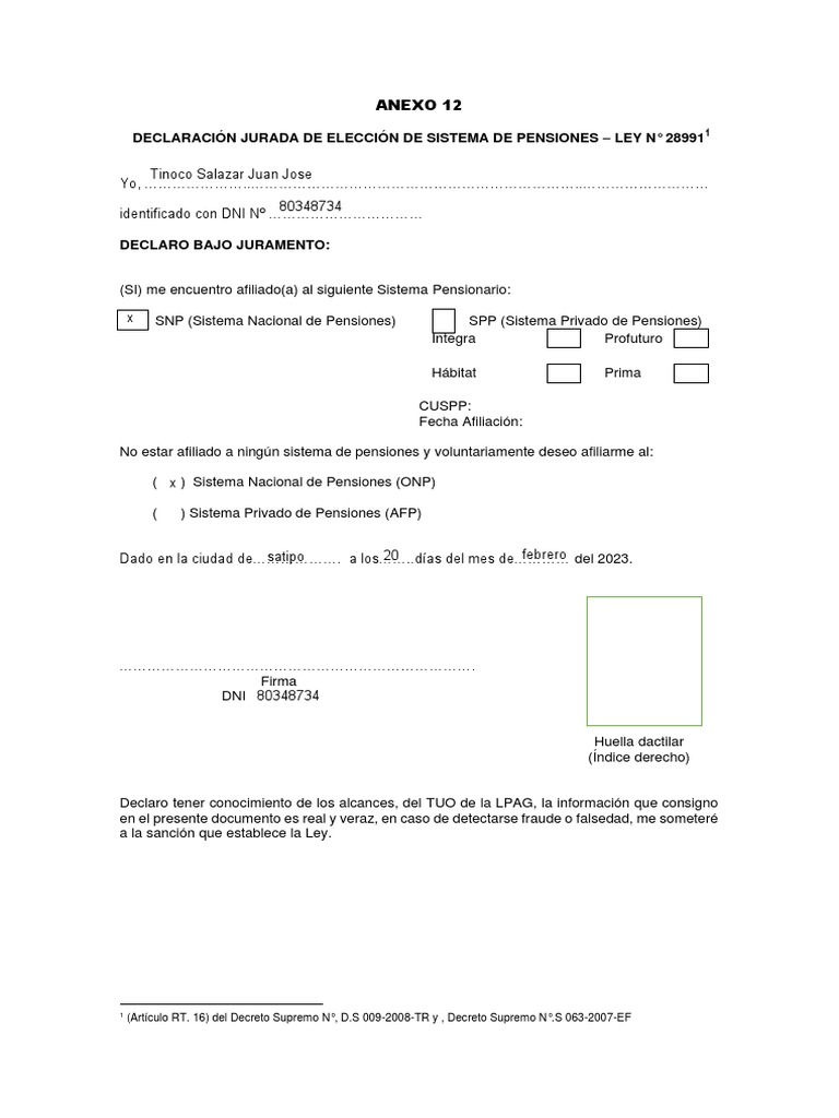 Anexo 12 - Declaración Jurada de Elección de Sistema de Pensiones - Ley #28991 | PDF