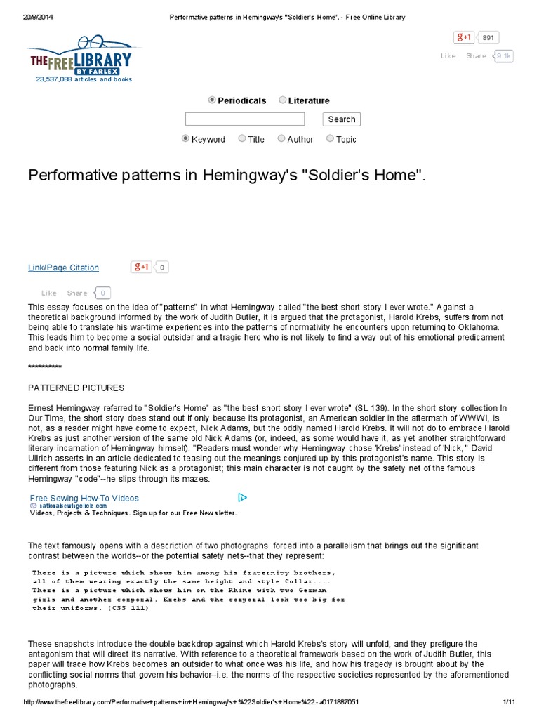 Performative Patterns in Hemingway's - Soldier's Home | PDF | Ernest ...