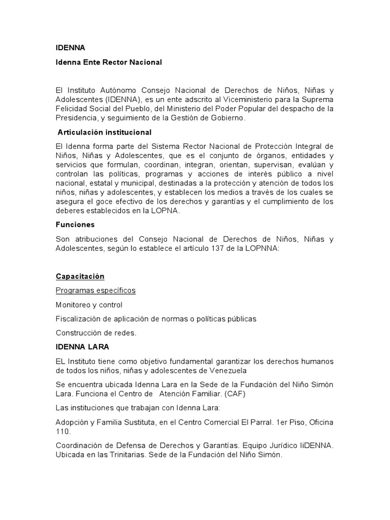 Funciones y Objetivos del IDENNA en Venezuela | PDF | Derechos humanos ...