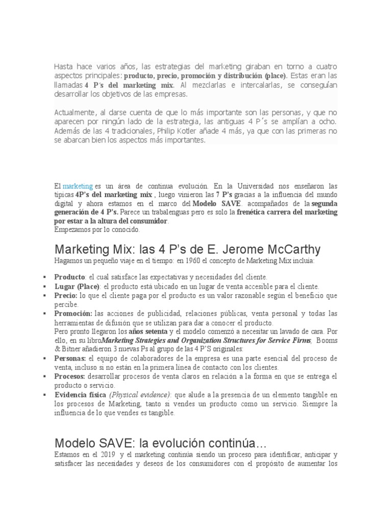 Evolución del Marketing Mix: 4P a SAVE | PDF | Marketing | Producto ...