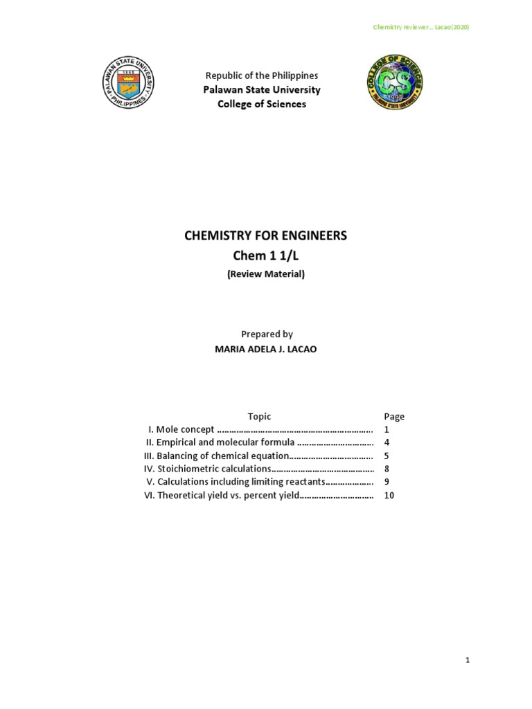 Chem For Engineers Reviewer | PDF | Mole (Unit) | Stoichiometry