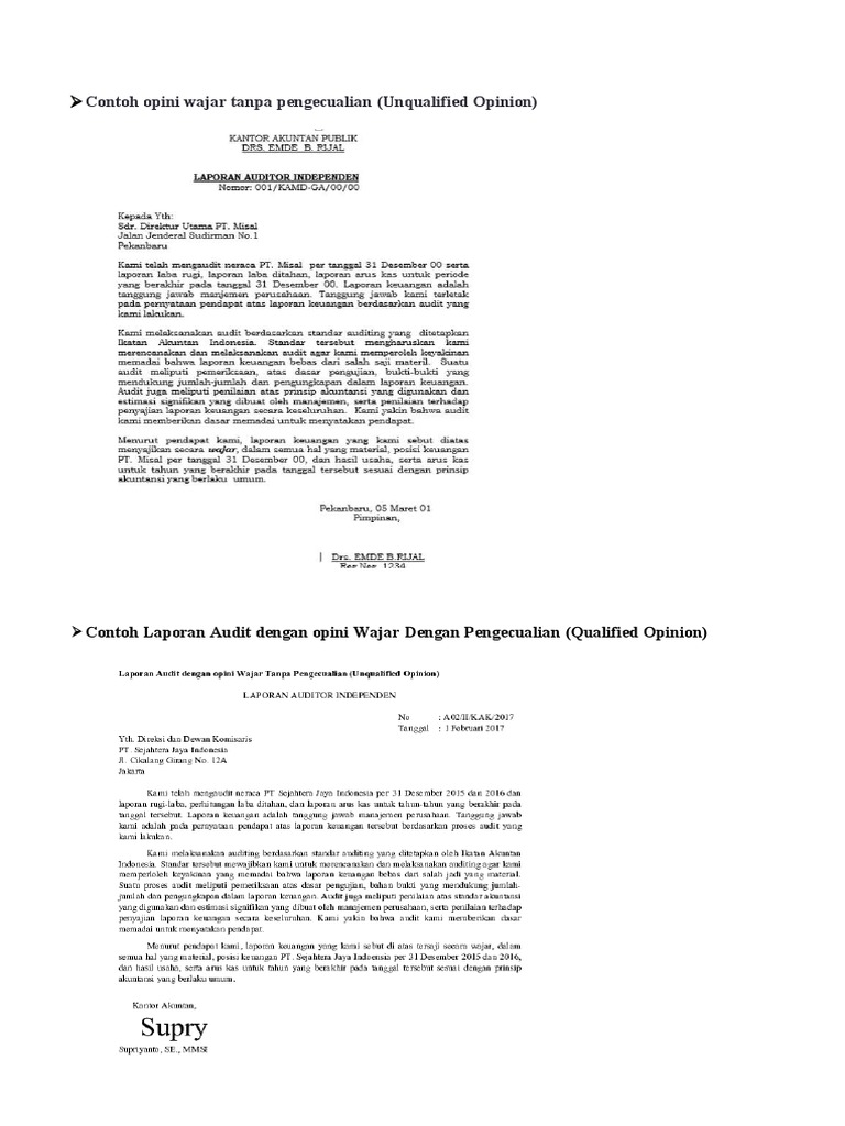 Contoh Berbagai Opini Audit | PDF