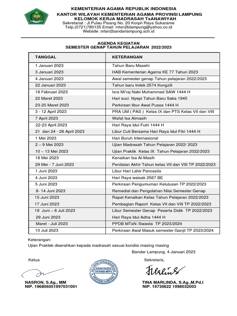 Agenda Kegiatan MTs - Semester Genap 2023 FIX | PDF