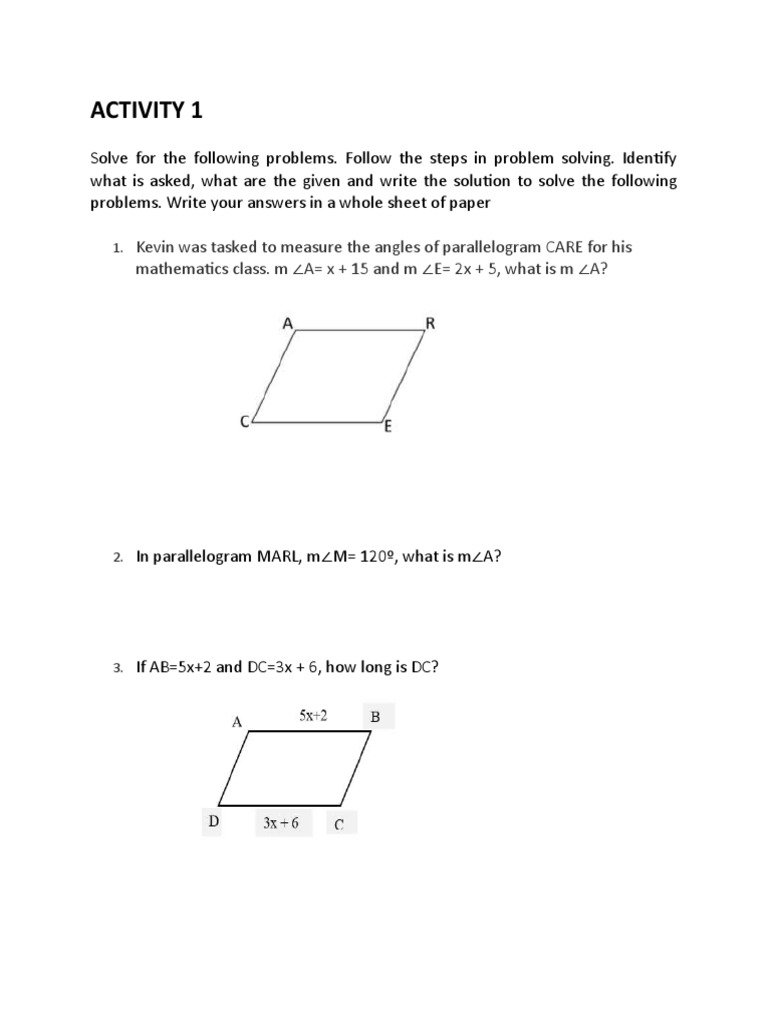 Activity, Quiz, Answer Key in Solving Problem Involving Parallelogram ...