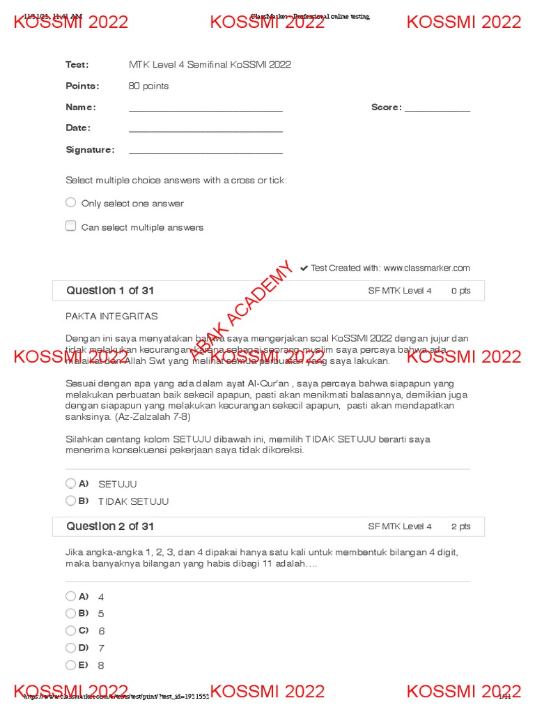 Soal Semifinal MTK KoSSMI 2022 | PDF