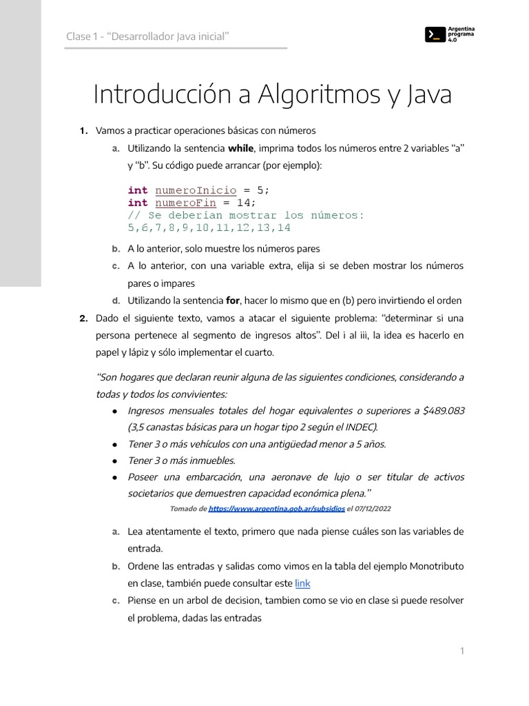 Clase 1 - Guía de Ejercicios - Java | PDF | Java (lenguaje de ...