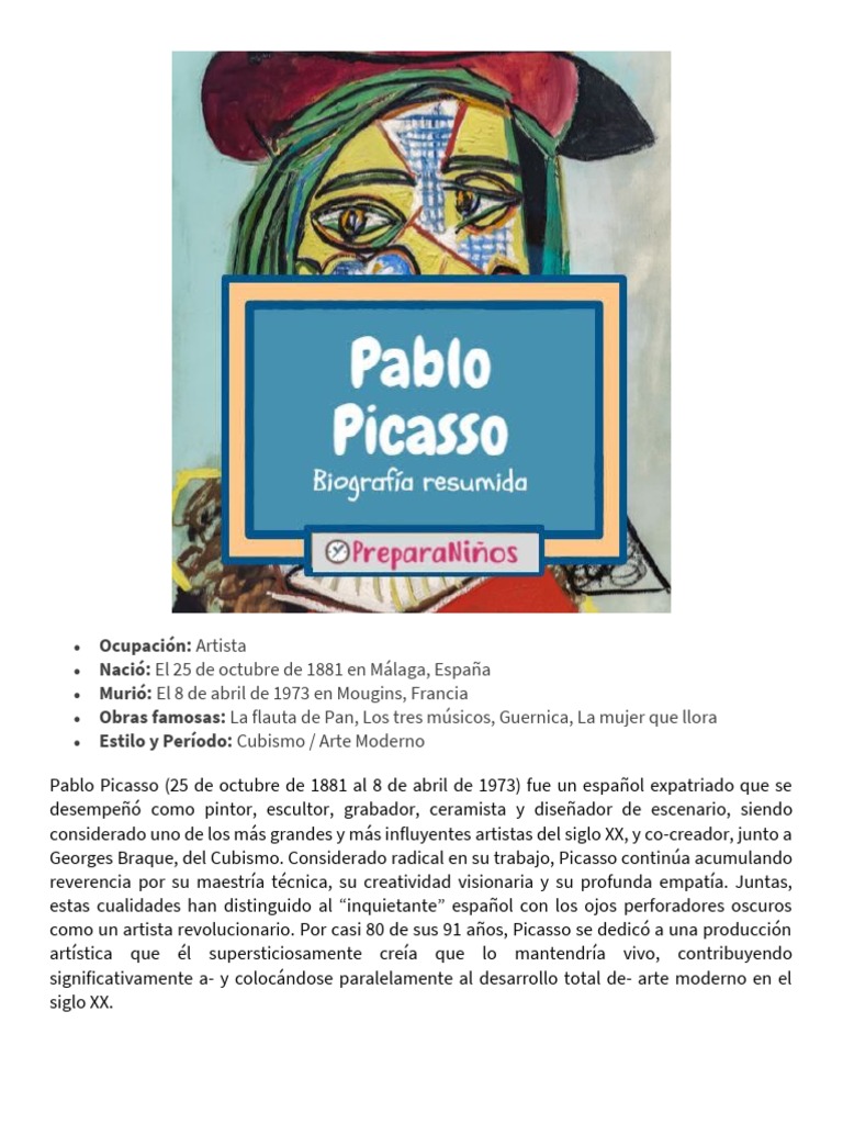 Pablo Picasso Biografía | PDF | Pablo Picasso | Cubismo