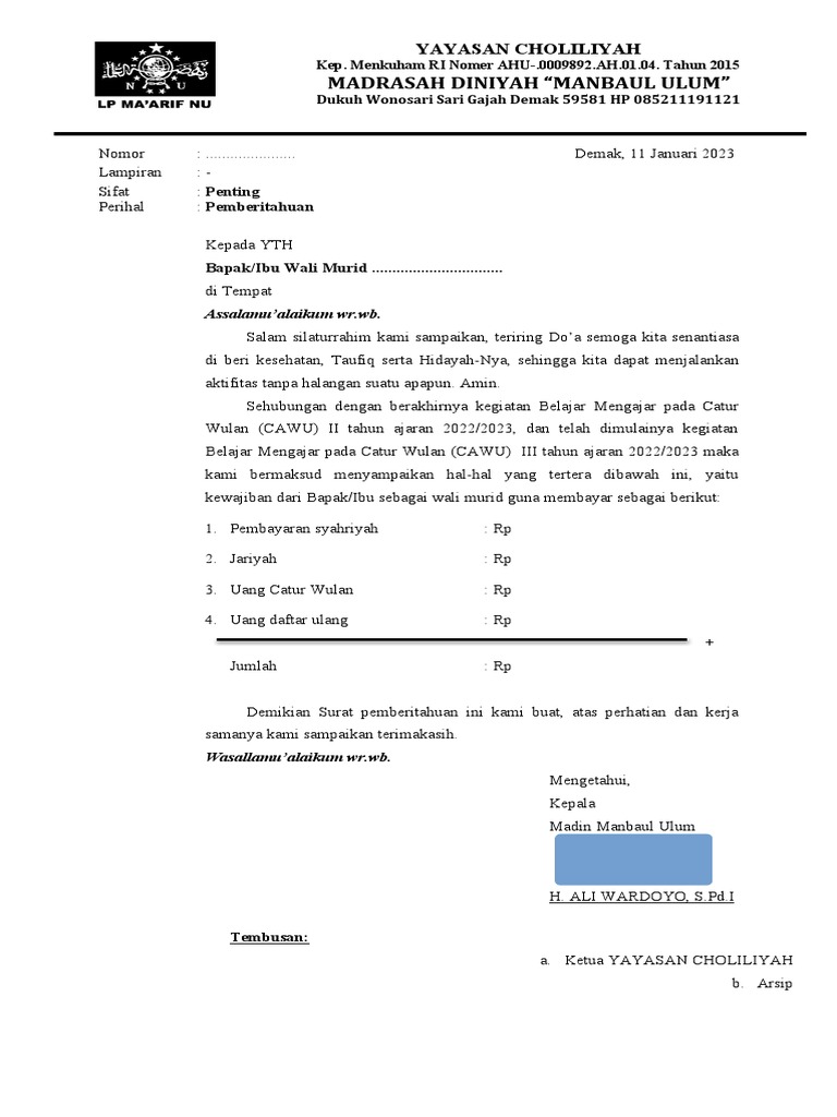 Surat Edaran Pemberitahuan Pembayaran Syahriyah Madin | PDF Surat Edaran Pemberitahuan Pembayaran Syahriyah Madin | PDF
