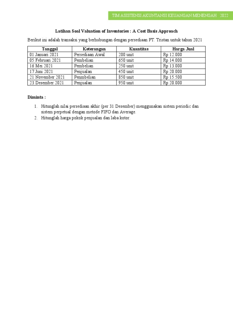 Latihan Soal Chapter 8 Valuation Of Inventories Pdf