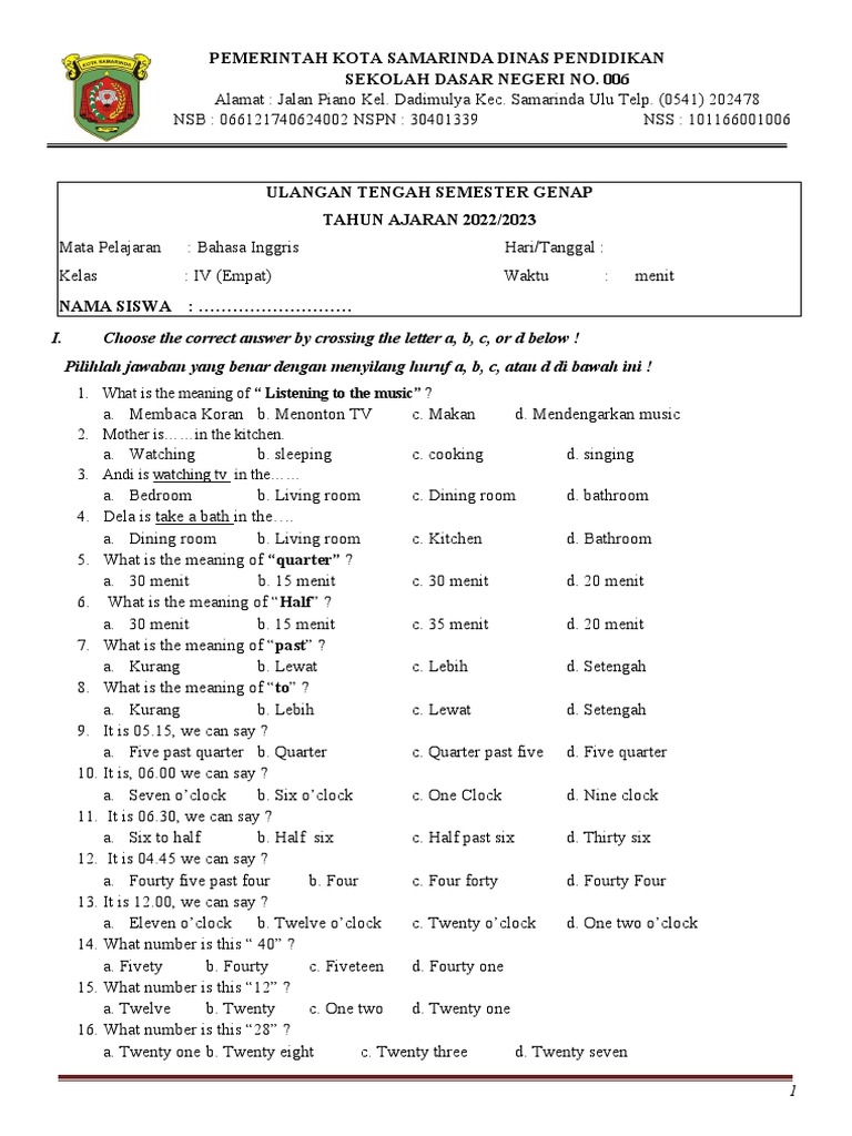Soal Kelas 4 Uts B.ing SMT 2 (2023) | PDF | Pharmaceutical Sciences | Medicine