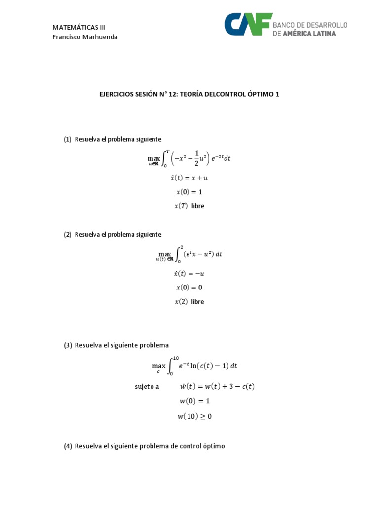 Ejercicios de Control Óptimo Matemáticas III | PDF