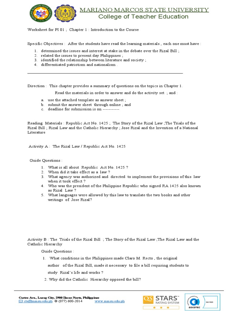 Worksheets CHAPTER I 2 Rizal | PDF