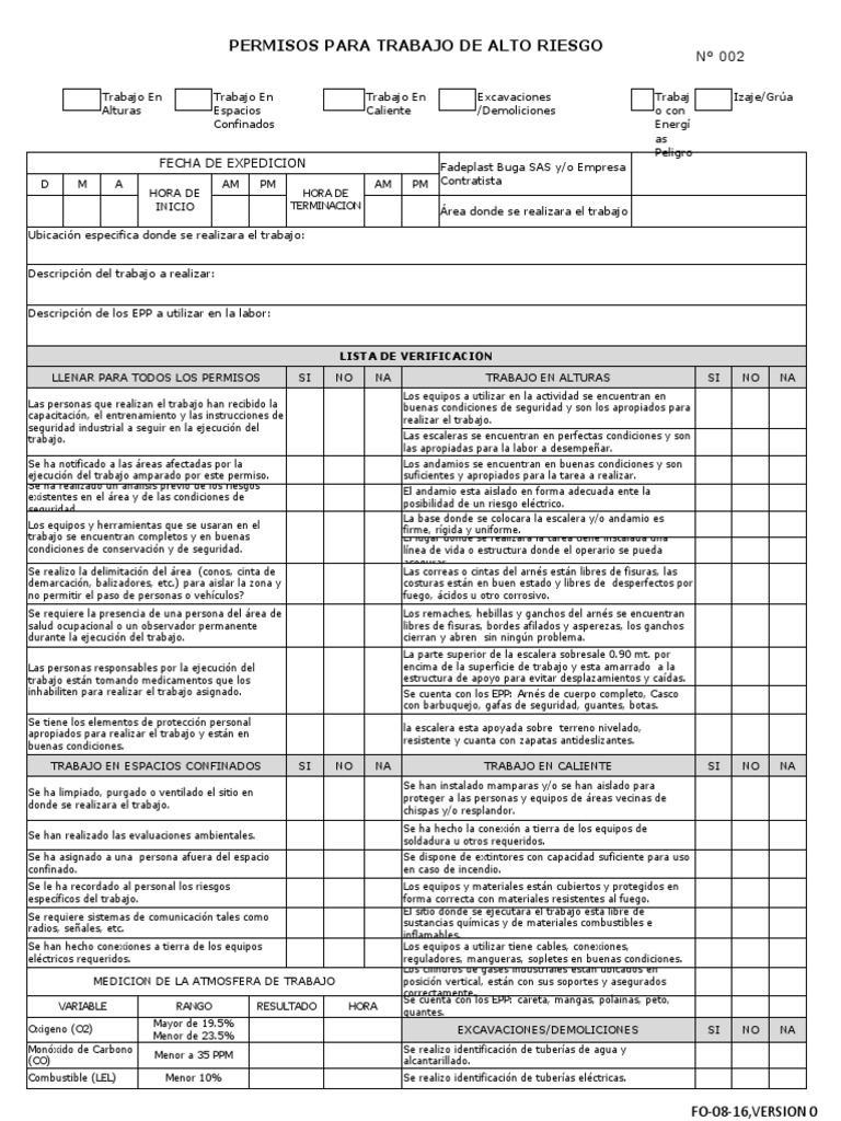 Permiso de Trabajo Alto Riesgo | PDF | Química | Materiales