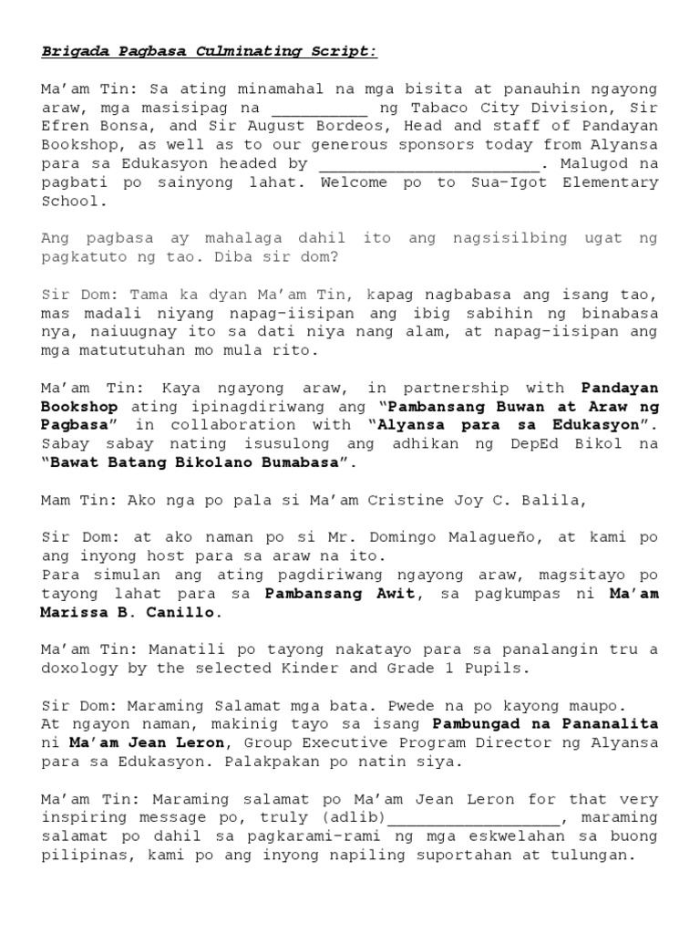 Brigada Pagbasa Culminating Script | PDF