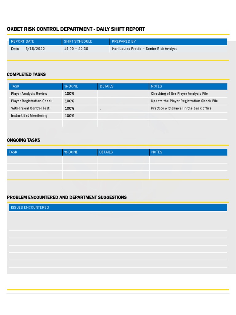 Team Leader Daily Shift Report Template March 18, 2022 | PDF
