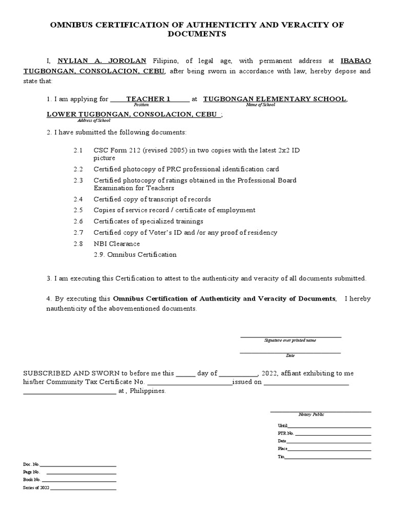 Omnibus Certification of Authenticity and Veracity of Documents v3 ...