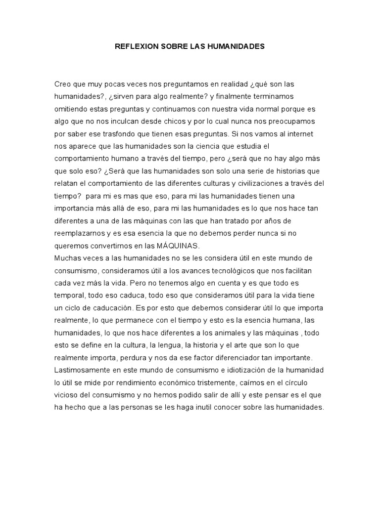Reflexion Sobre Las Humanidades | PDF | Humanidades | Homo Sapiens