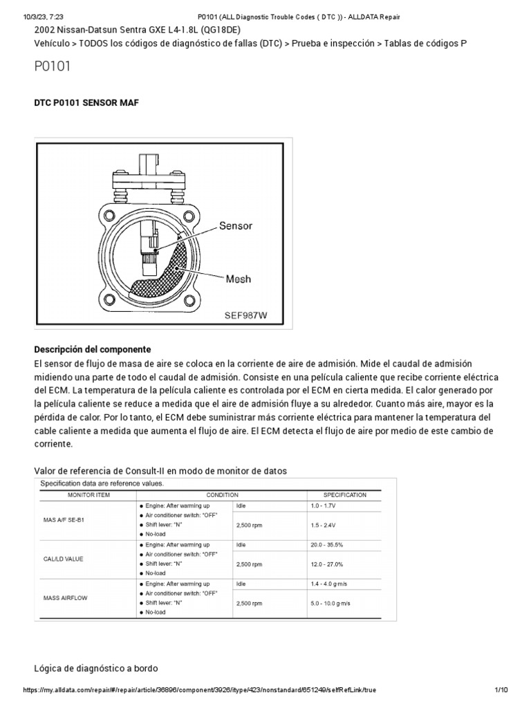 P0101 (ALL Diagnostic Trouble Codes (DTC) ) - ALLDATA Repair Sentra 2002 | PDF | Física Aplicada ...