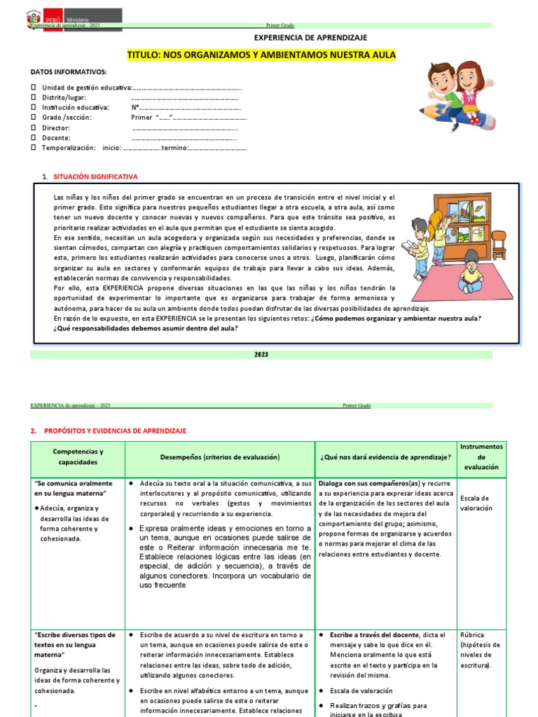 Experiencia De Aprendizaje 1er Pdf Salón De Clases Aprendizaje