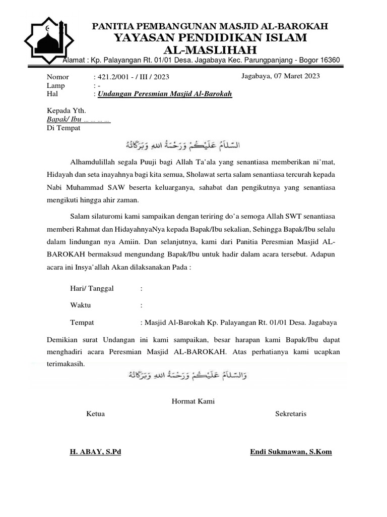 Surat Undangan Peresmian Masjid | PDF