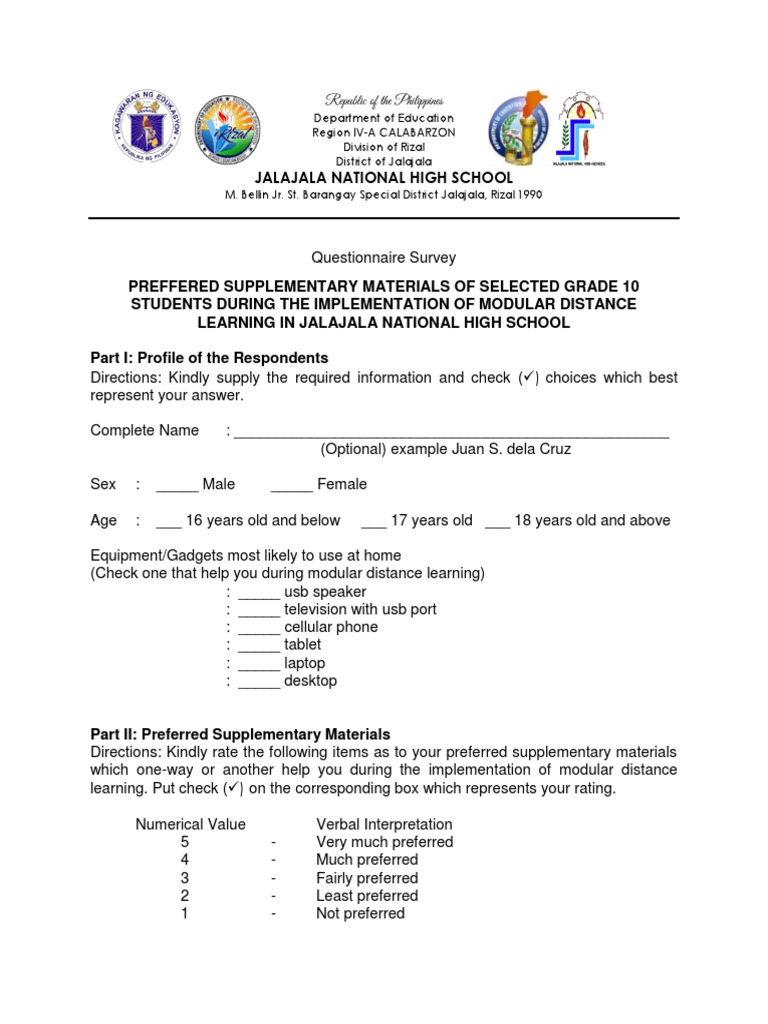Validated Questionnaire For Preferred Supplementary Materials | PDF ...