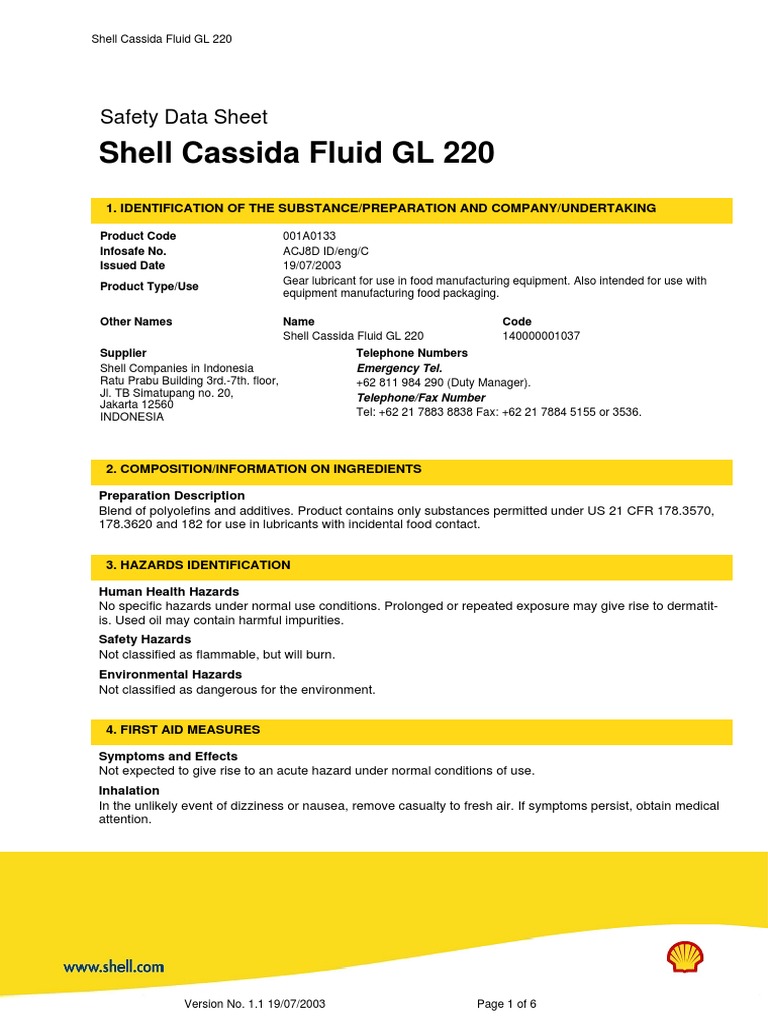 Cassida GL 220 | PDF | Toxicity | Hazard Analysis And Critical Control Points