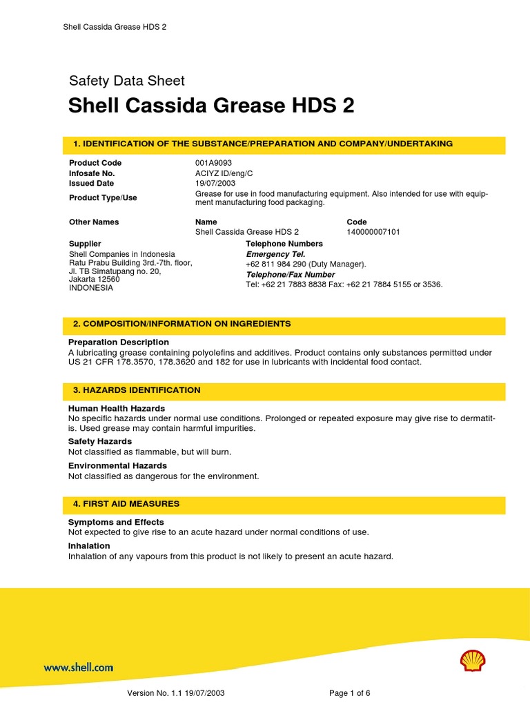 Shell Cassida Grease HDS 2 SDS | PDF | Hazard Analysis And Critical ...