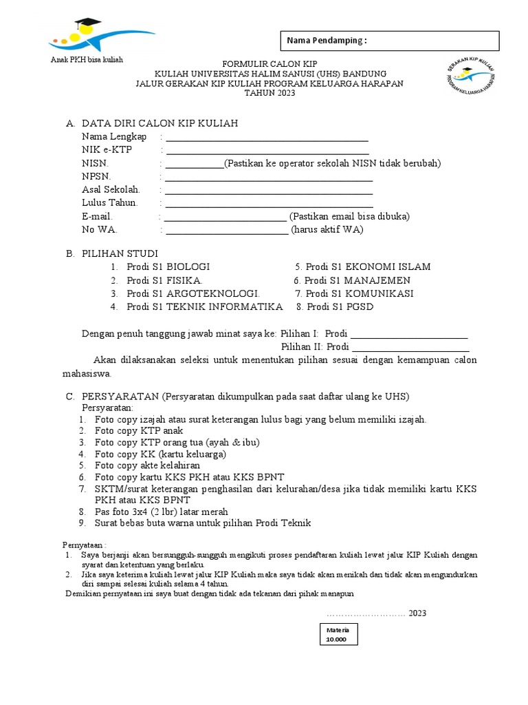 Formulir Calon Kip Kuliah Uhs 2023 | PDF