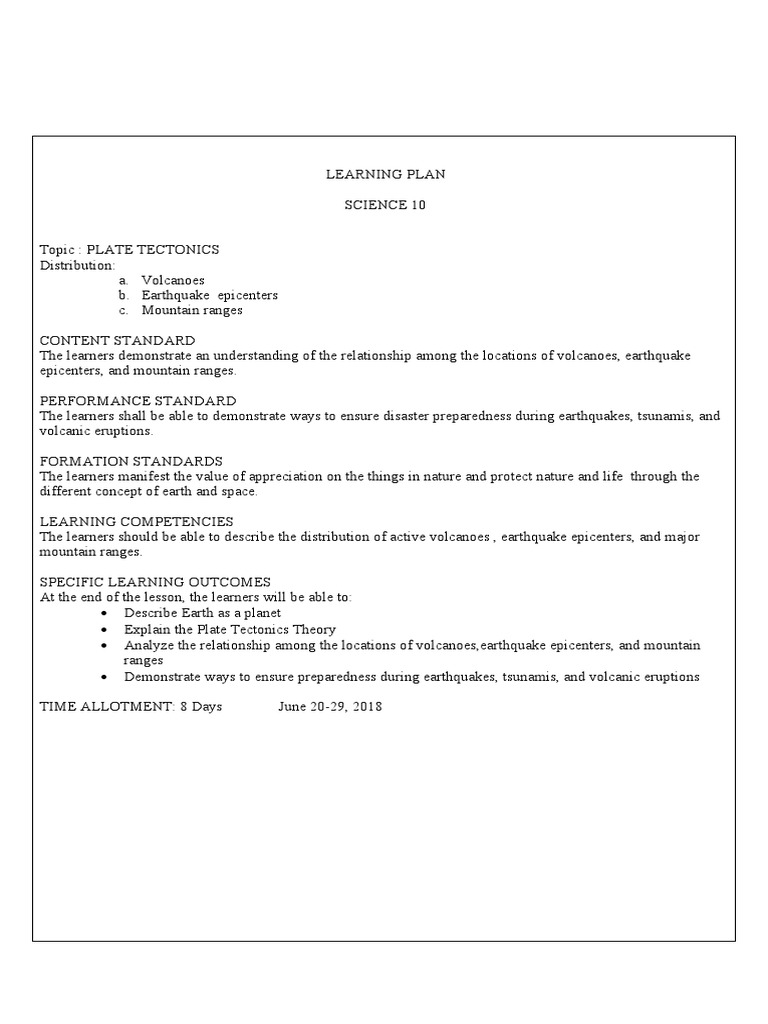 Plate Tectonics Learning Plan | PDF | Plate Tectonics | Earthquakes