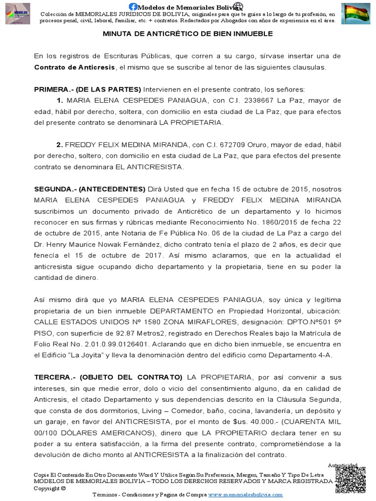 CONTRATO DE ANTICRETICO | PDF | Derecho civil (sistema legal) | Ley común