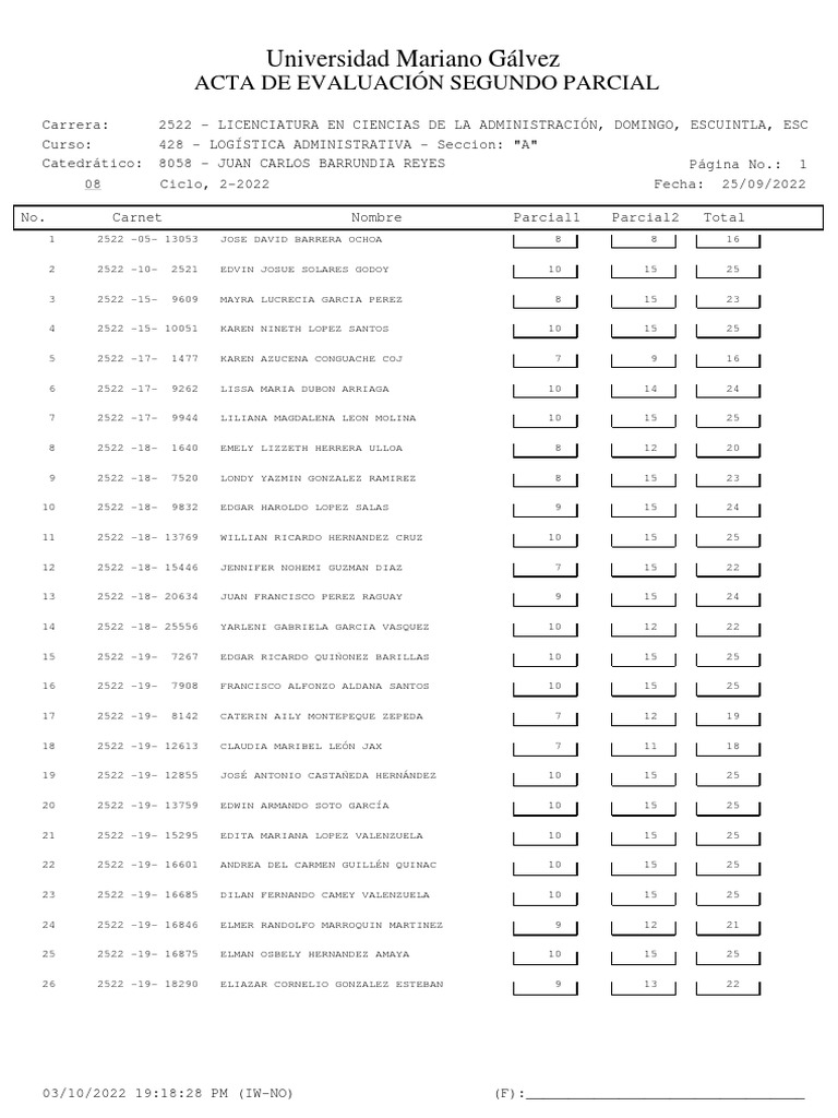 Acta Segundo Parcial Logistica Administrativa A Escuintla | PDF