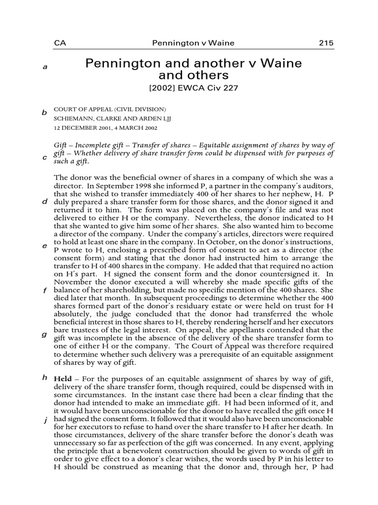 Pennington v Waine: Gift of Shares Case | PDF | Trust Law | English ...