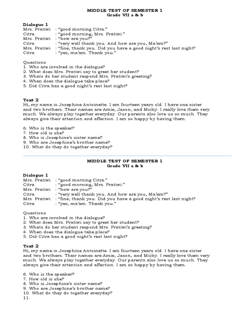 Middle Test of Semester 1 | PDF