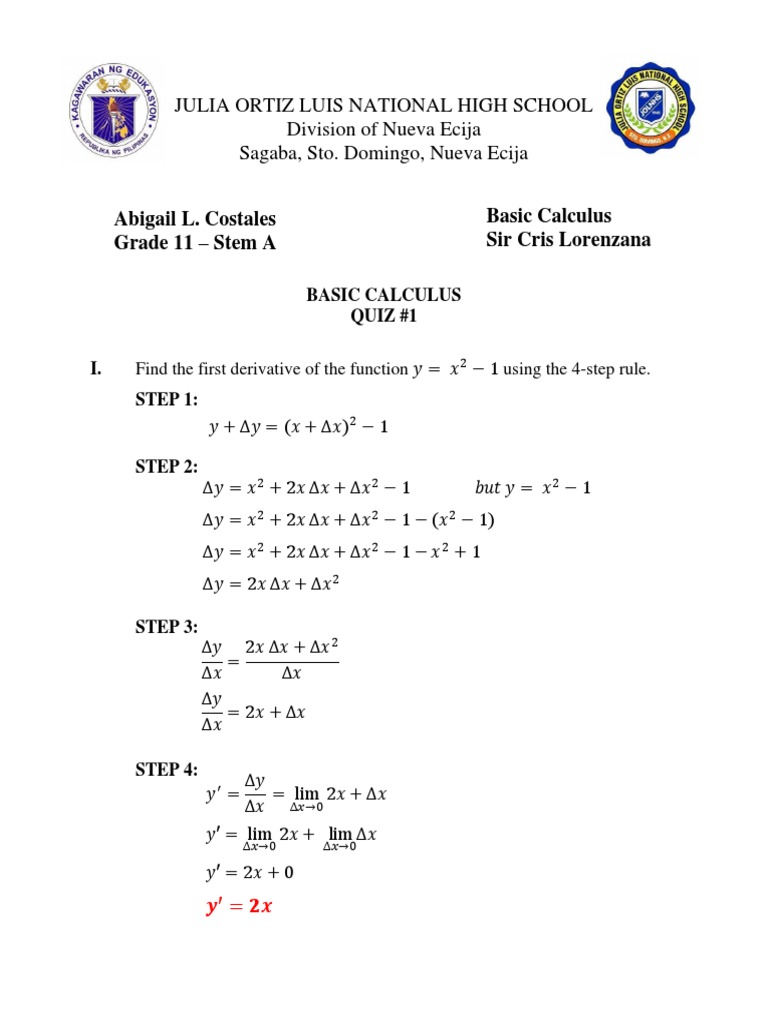 Calculus Quiz for Grade 11 STEM | PDF | Tangent | Algebraic Geometry