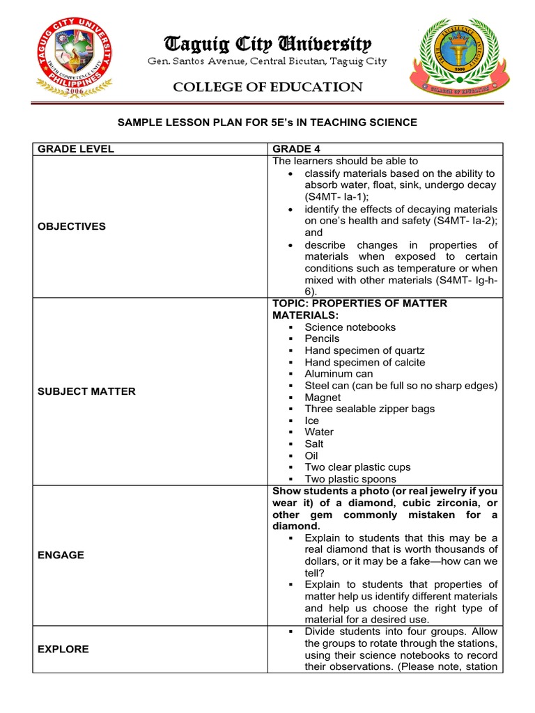 Grade 4 Science Lesson Plan: Properties of Matter | PDF | Water | Diamond