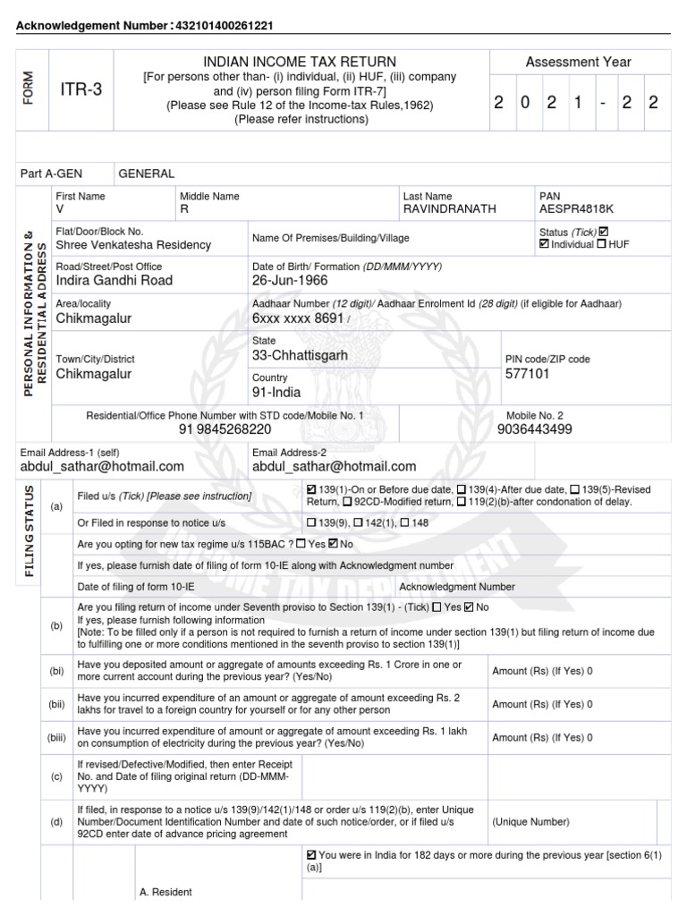 ITR-3 Income Tax Return 2021-22 | PDF | Taxes | Revenue