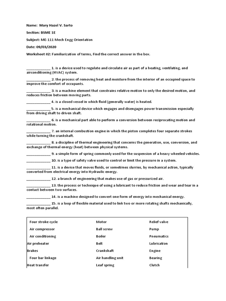 Worksheet 2 - ME 111 - Familiarization of Terms | PDF | Machines | Engines