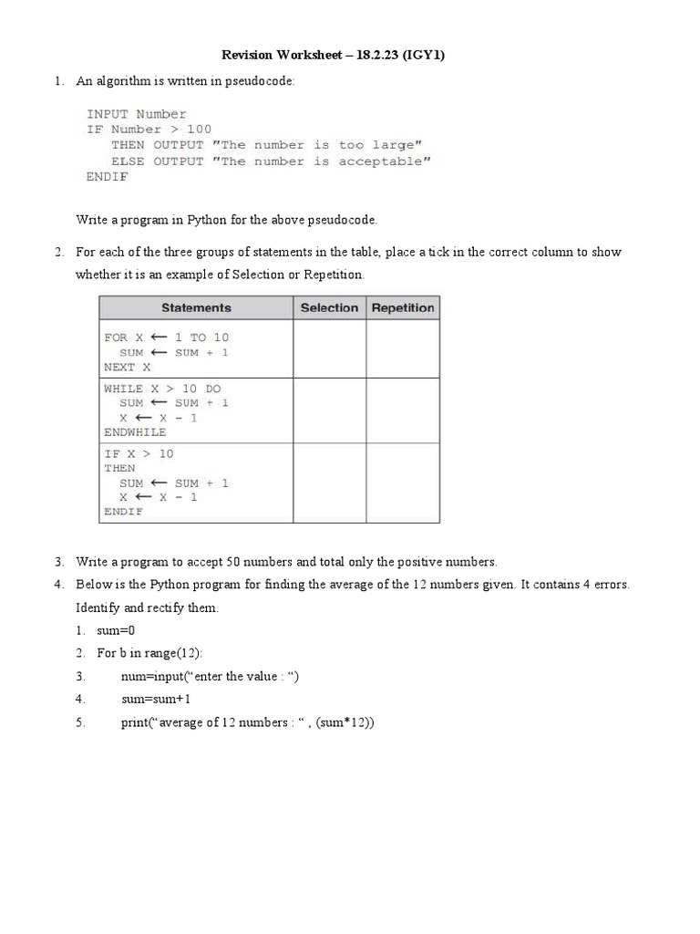 Revision Worksheet Programming | PDF